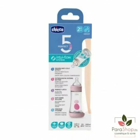 CHICCO BIBERON PERFECT 5 Flux Moyen 2M+ 240ML Rose